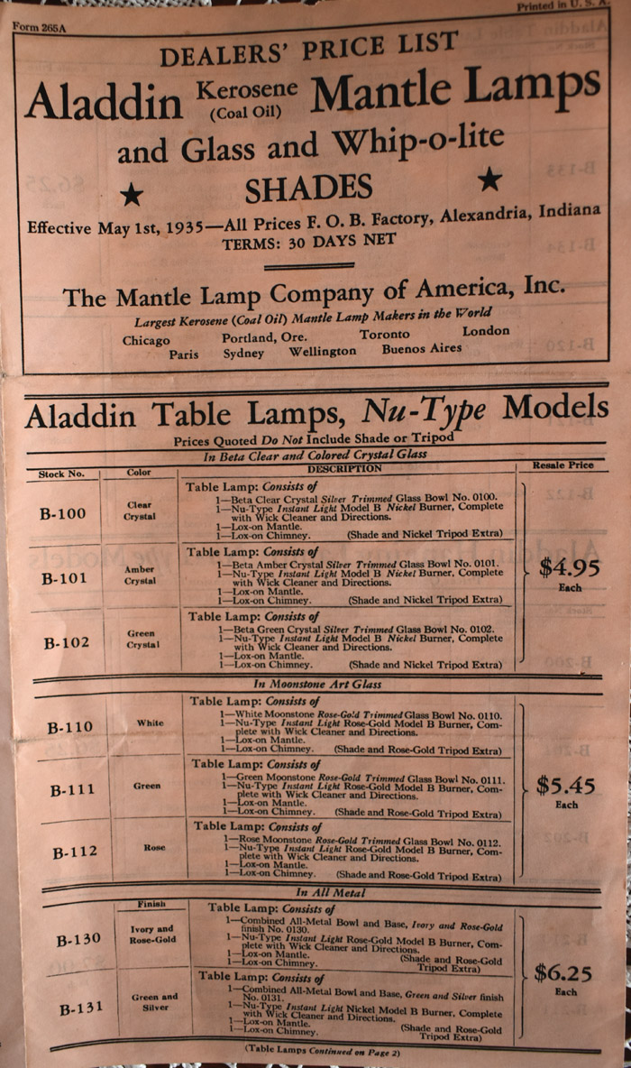 1935 dealer price list for aladdin lamps and parts